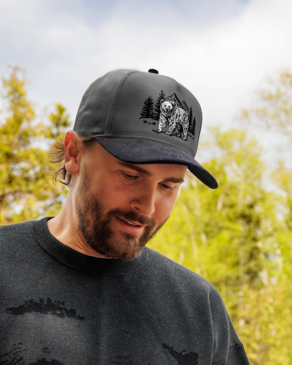 Grizz Corduroy Brim Hat | Waggle Hat | Grizzly Bear Retro Snapback